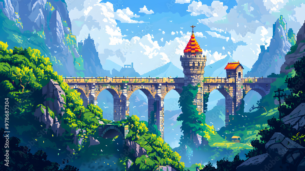 Colorful 16-bit pixel art castle perched atop an arch bridge with a ...