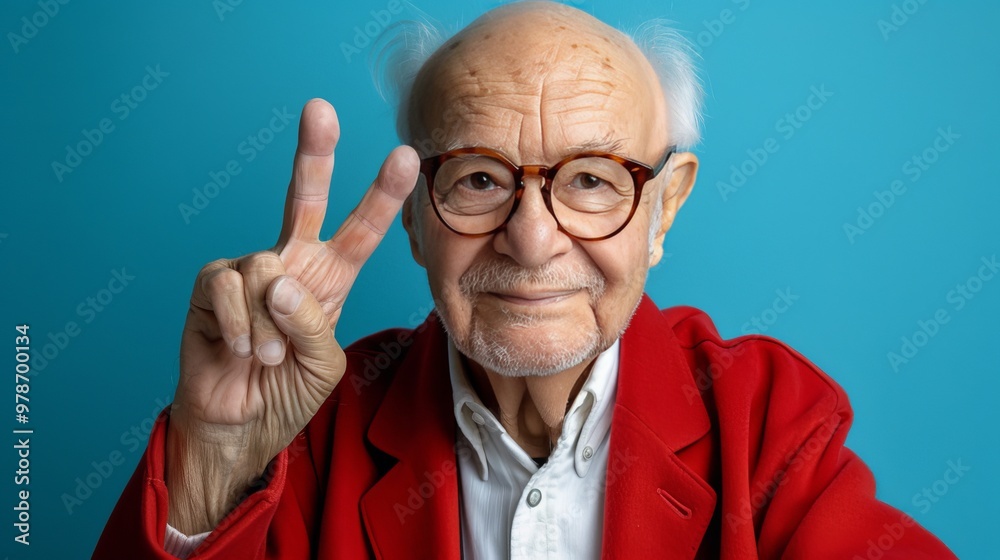 Joyful older man in red jacket making victory sign, celebrating success ...