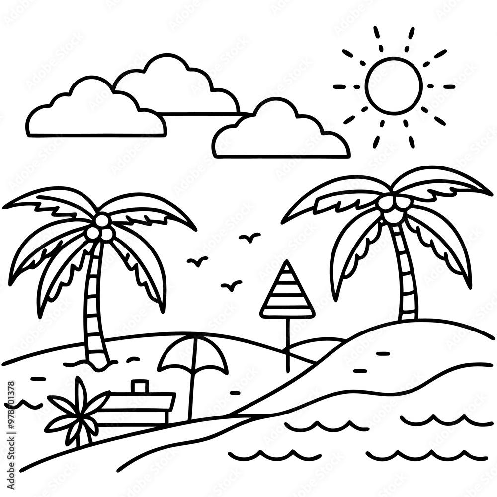 beach background outline coloring book page line art drawing Stock ...