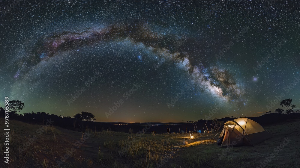 Stunning view of the Milky Way galaxy over a campsite, featuring a ...