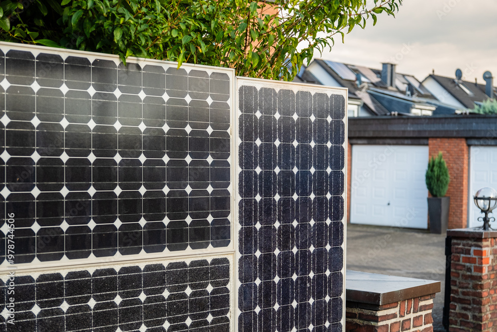 Solarzaun, Solarpanele als Gartenzaun und Sichtschutz an einer Straße ...