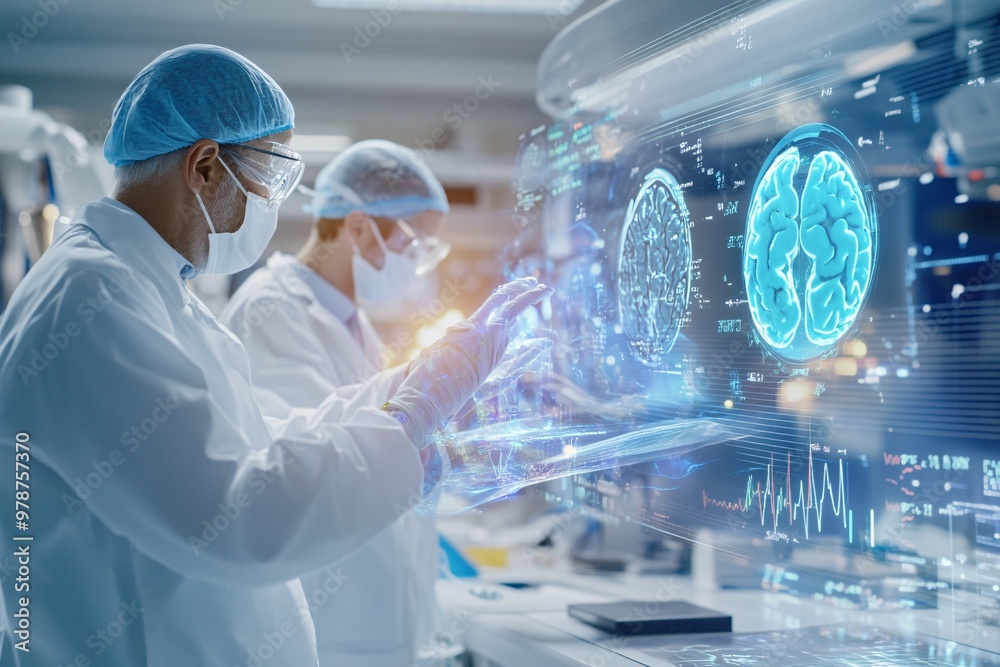 Neuroscientists working in a futuristic hospital lab, with holographic ...