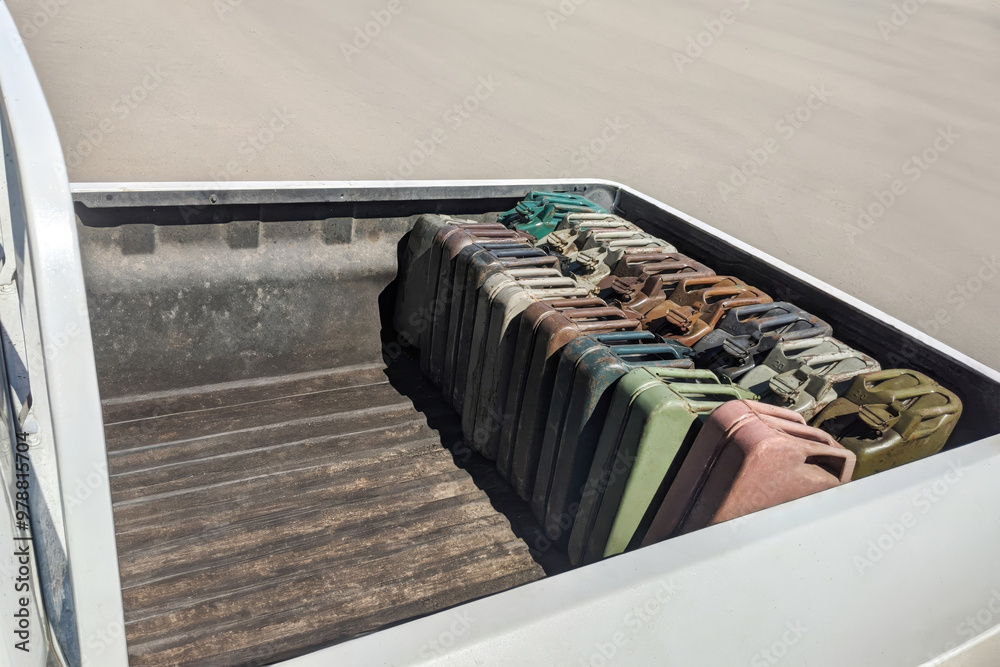 Multiple jerry cans in various colors, stacked in the bed of a pickup ...