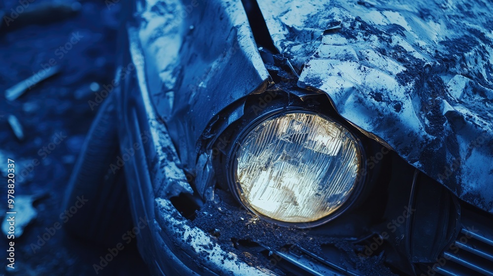 Detailed close-up of a car's front headlight, broken and hanging loose ...