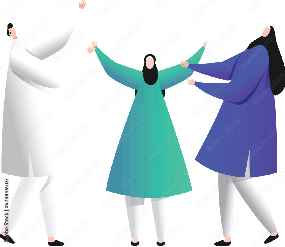 Cartoon Muslim man and woman together fun and dancing on celebration of ...