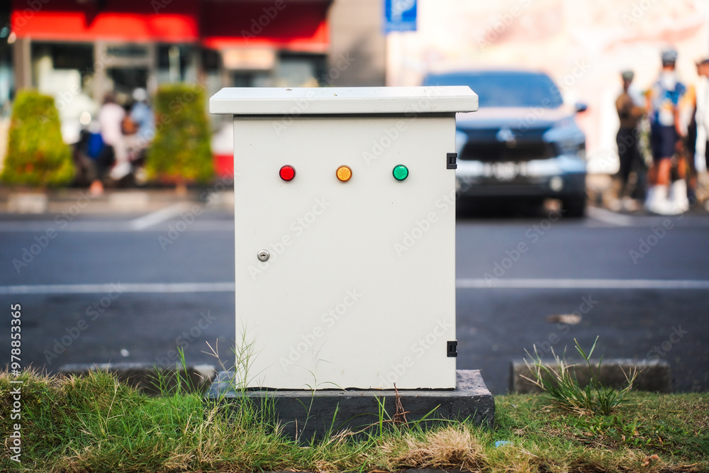 medium sized electrical panel box located outdoors, in a parking lot or ...