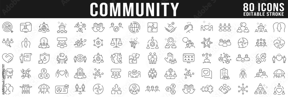Community line icon big set. People, network, together, team, trust ...