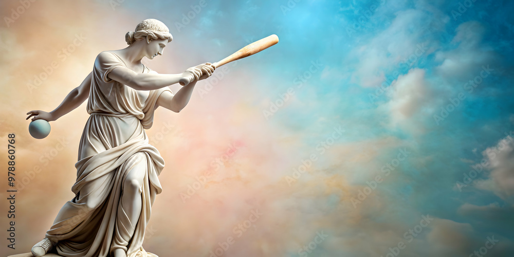 Marble statue of an ancient Greek goddess playing baseball on pastel ...
