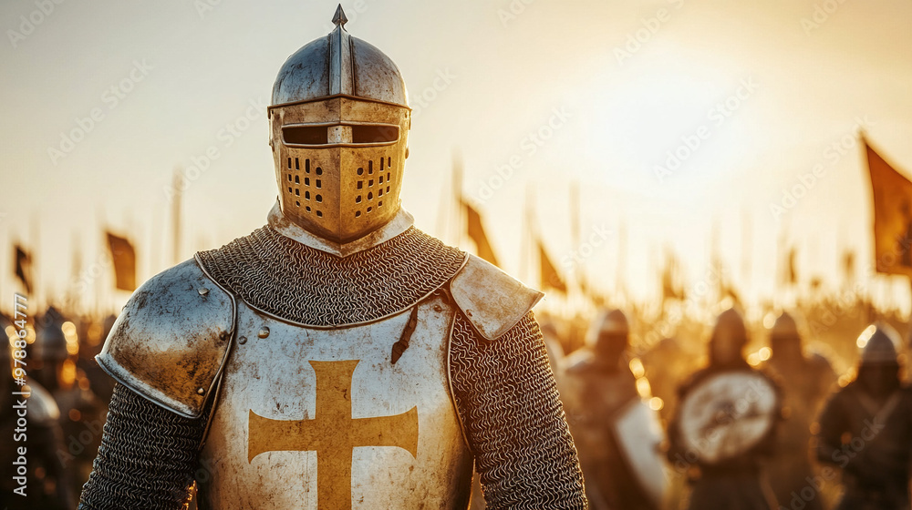 Cinematic front-view photograph of a medieval knight in a chainmail ...