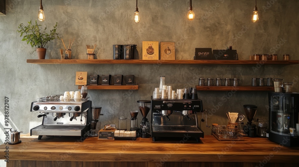 34. An inviting coffee shop setup with a wooden counter, coffee ...
