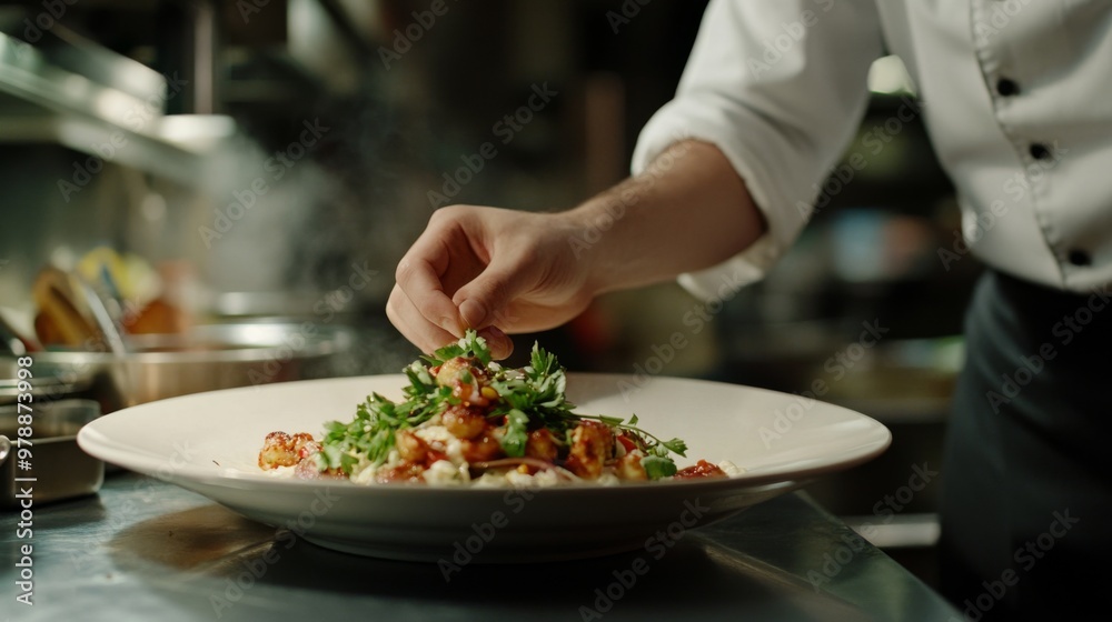 59. A close-up of a chef placing a completed dish on the distribution ...
