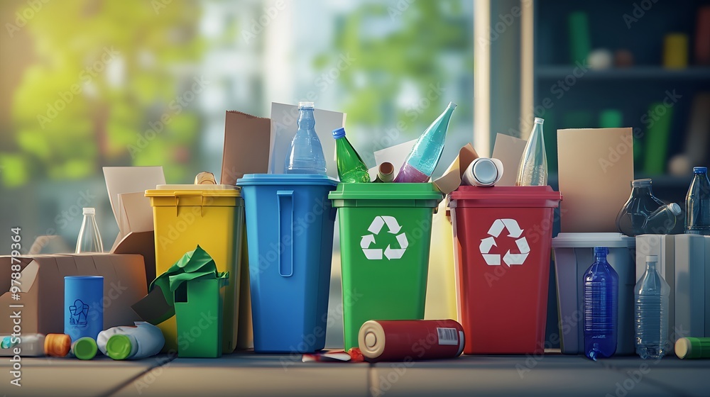 Contemporary 2D background with recycling bins and various recyclable ...