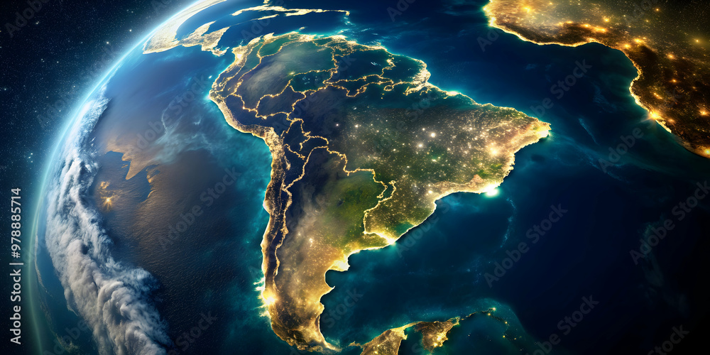 Satellite view of Earth globe with lights at night over South America ...