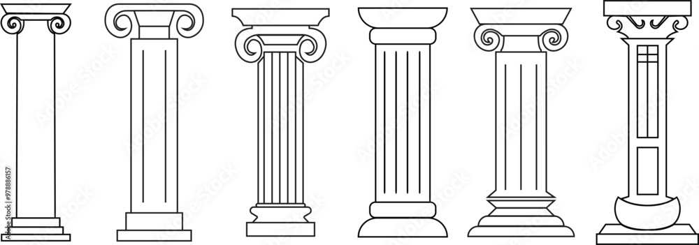 Set of Ancient pillar or Column icons. Elegant classic roman, Greek architecture Line silhouette ...