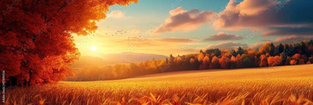 Breathtaking panoramic view of an autumn wheat field landscape at ...