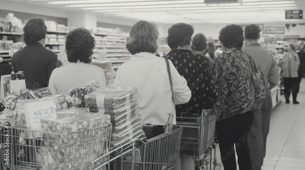 Shoppers standing in line at checkout with carts full of goods at a ...