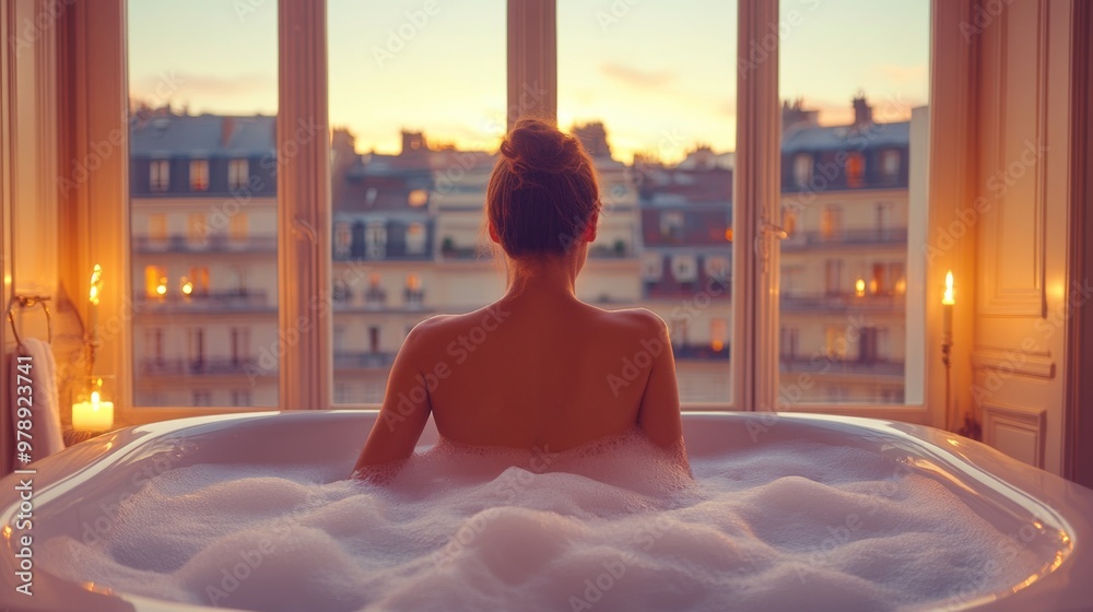 Wellness Bath: A woman relaxing in a bathtub, with foam bubbles, lit by ...