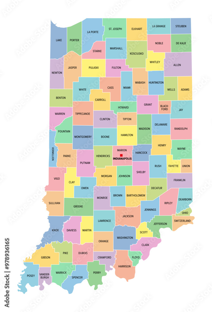 Indiana, U.S. state, subdivided into 92 counties, multi colored ...