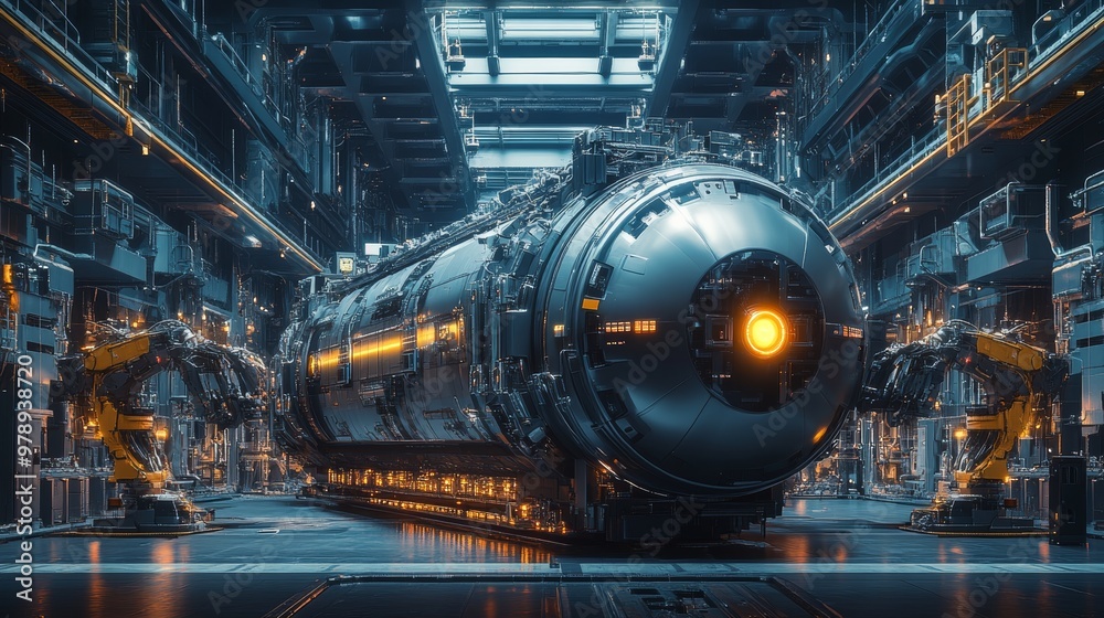 Massive steel tank with warning lights flashing, surrounded by robotic ...