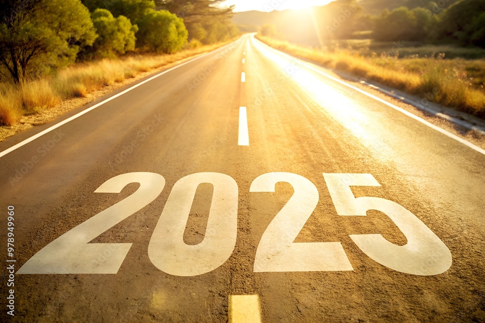 road to 2025, marked by an empty road with a written 2025 and an arrow ...