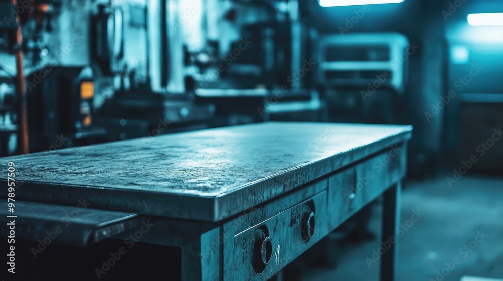 Workbench in a warehouse, close-up showing the metallic texture and ...