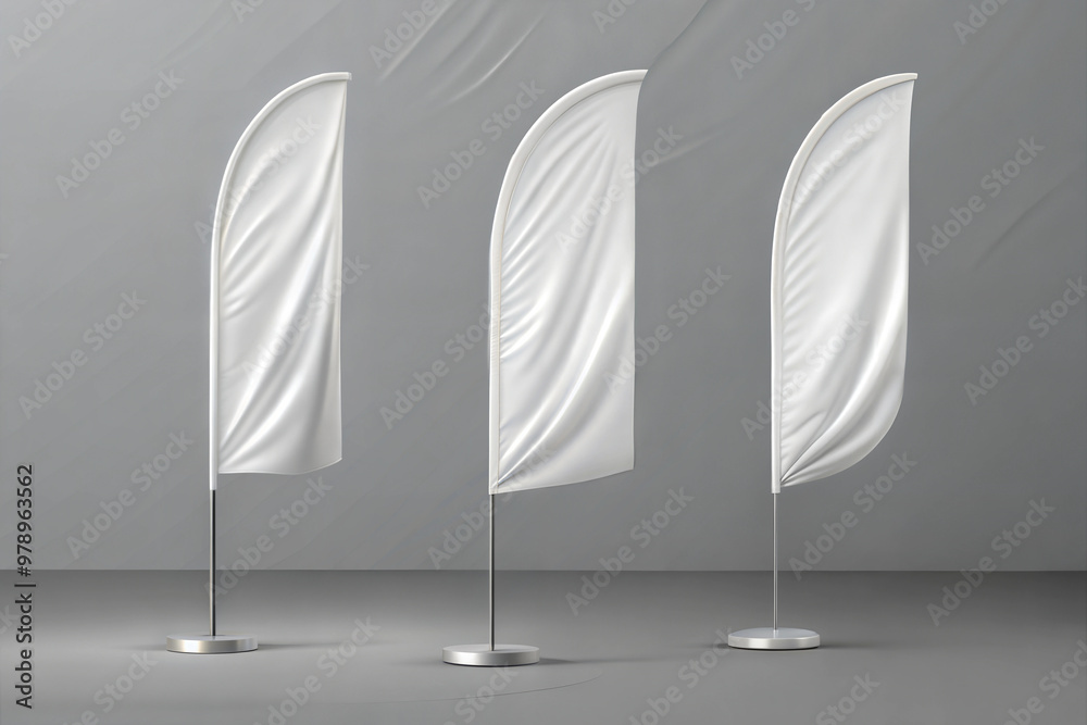White textile waving blank feather flag. 3D realistic mockup. Vertical ...