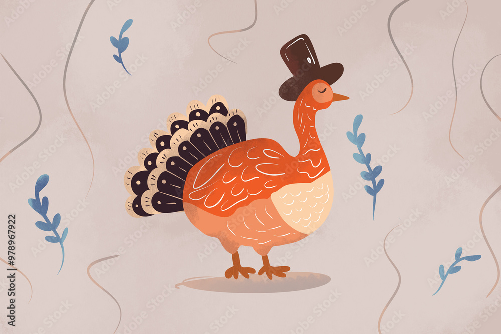 Whimsical illustration of a turkey with a hat in a Thanksgiving theme ...