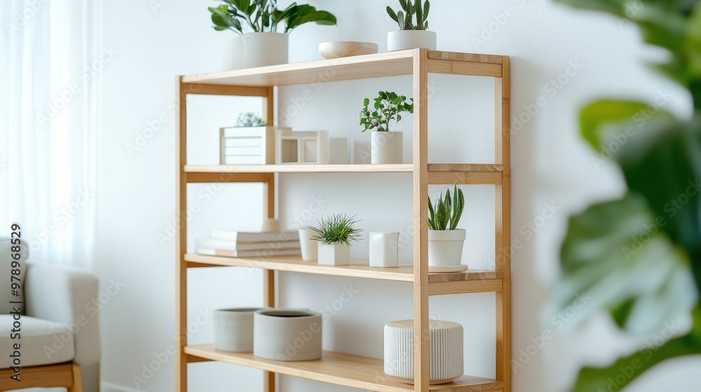 A modular bamboo shelving unit with a natural finish showcases clean ...