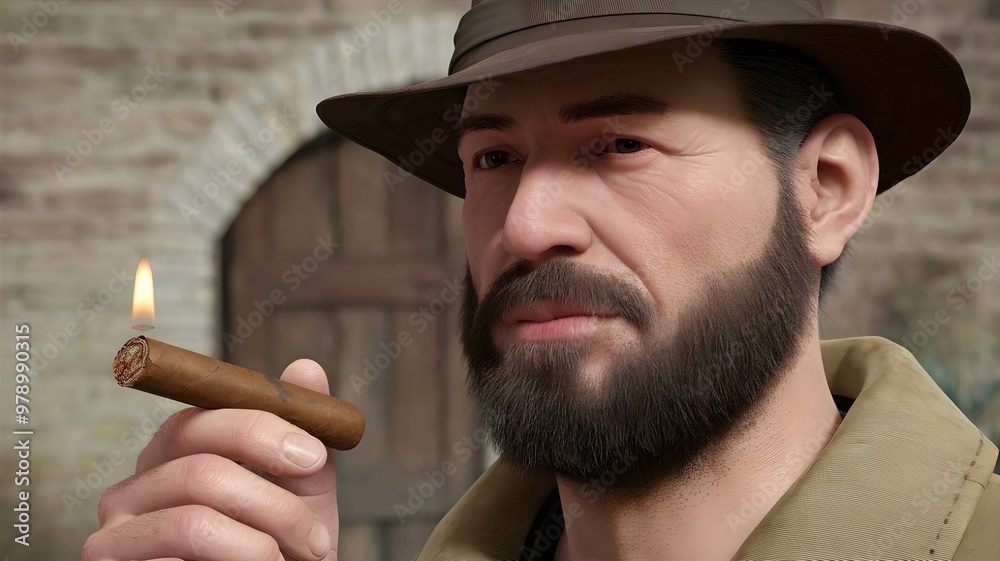 Rugged Game Character Smoking a Cigar in a Realistic 3D Adventure Scene ...