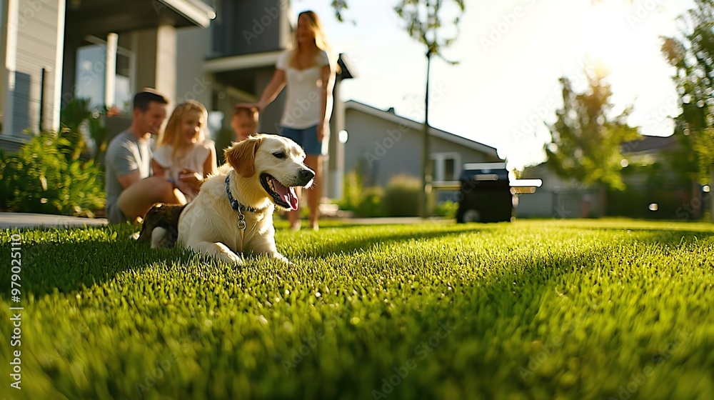 happy family playing with their dog in the front yard Stock Photo ...