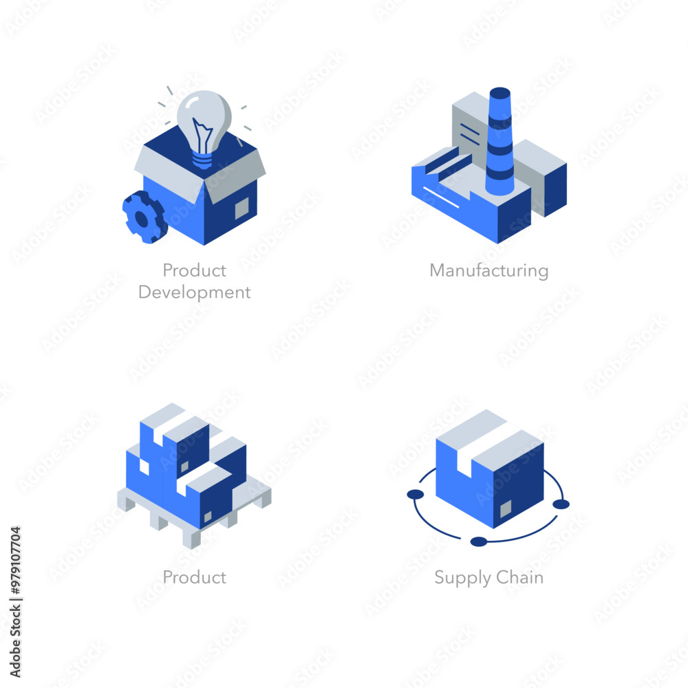 Simple set of isometric flat icons for production. Contains such ...