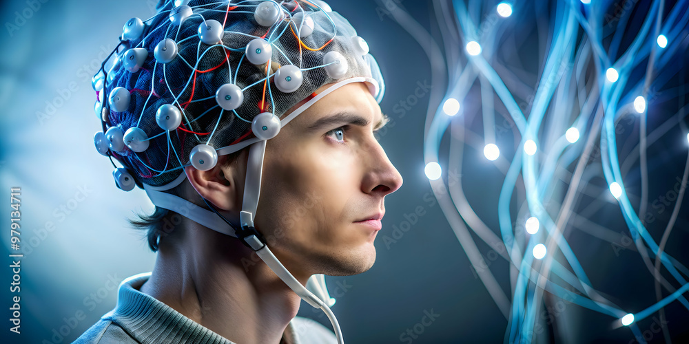 Person using EEG sensor to measure brain activity with Generative ...
