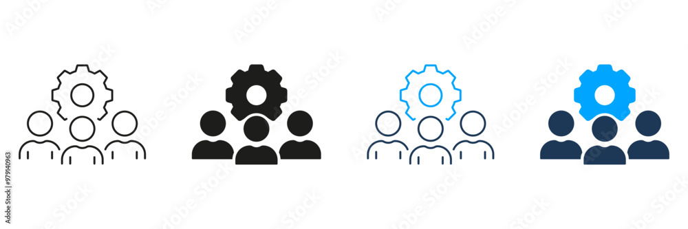 Workforce Line and Silhouette Icon Set. People with Gear Pictogram ...