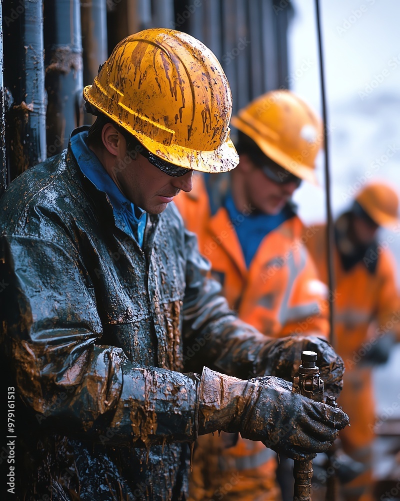 Workers in muddy protective gear, wearing hard hats, focused on ...
