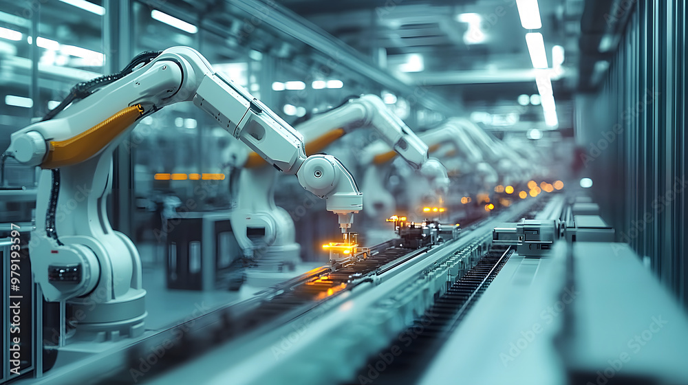 Engineering concept of an automated factory line with robotic arms and ...