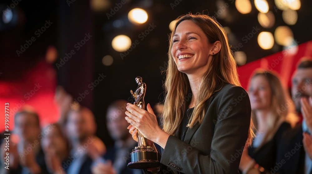 A female CEO being recognized for her leadership at an award ceremony ...
