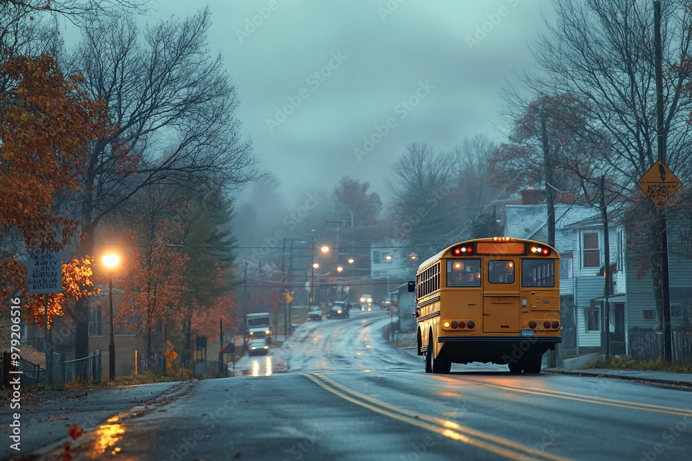 A school bus is driving along the road in a small town, university ...