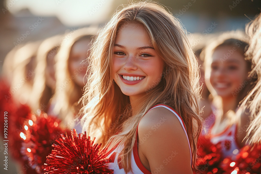 Happy teenagers cheerleaders at a school stadium training, cheerleading ...