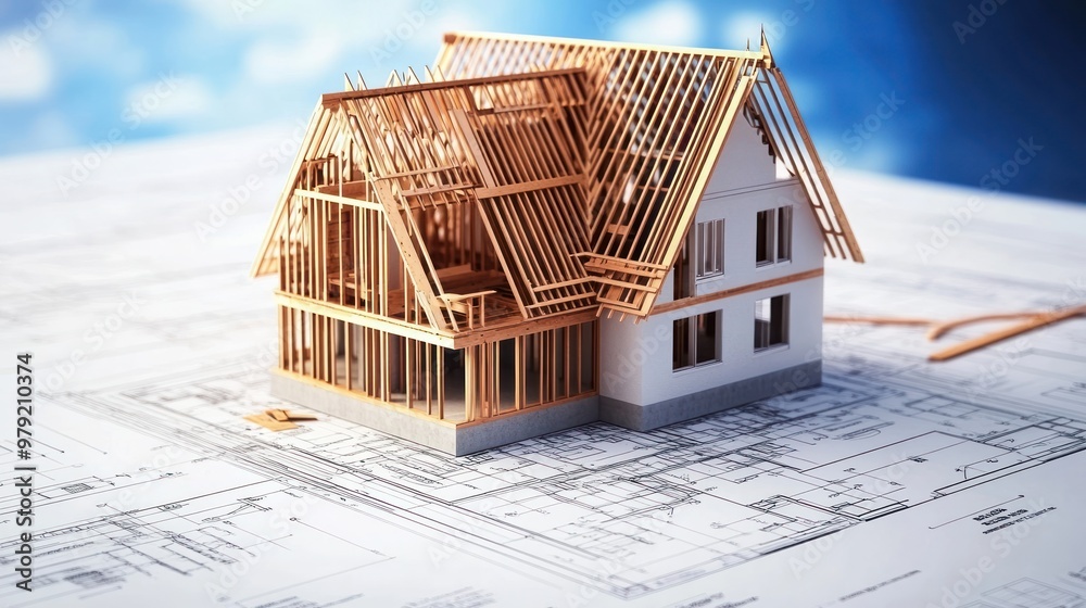 Illustration of a house under construction on a blueprint. Construction ...
