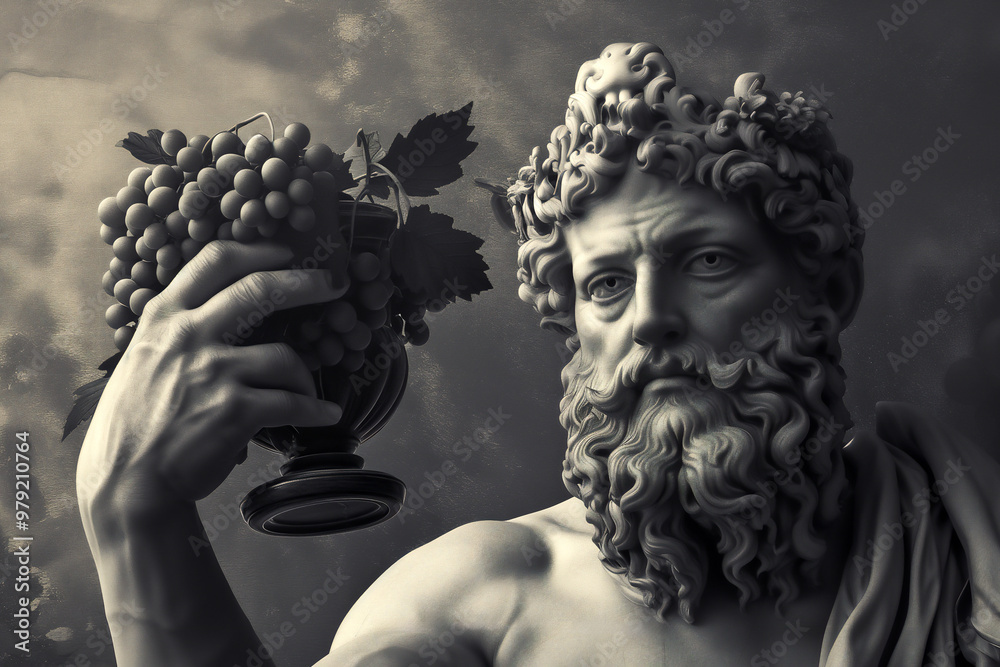 Engraved portrait of Bacchus the Roman god of wine who's father was ...