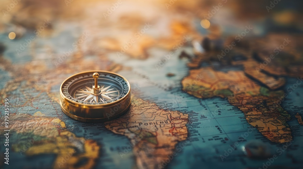 Illustration of Magnetic compass and location marker with pin on route ...