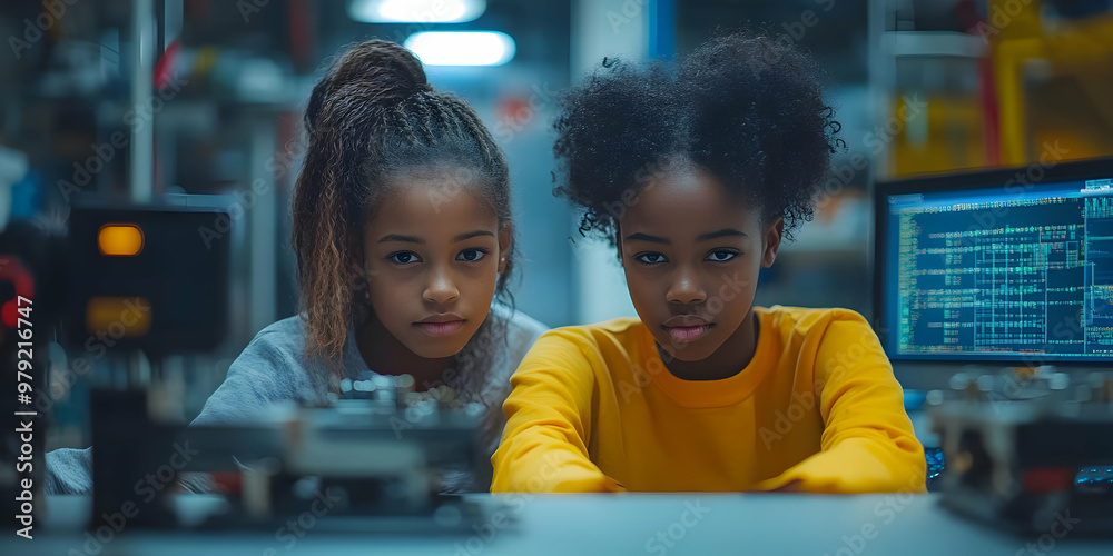 Two Young Black Girls in STEM Education, Working on Robotics and Coding ...
