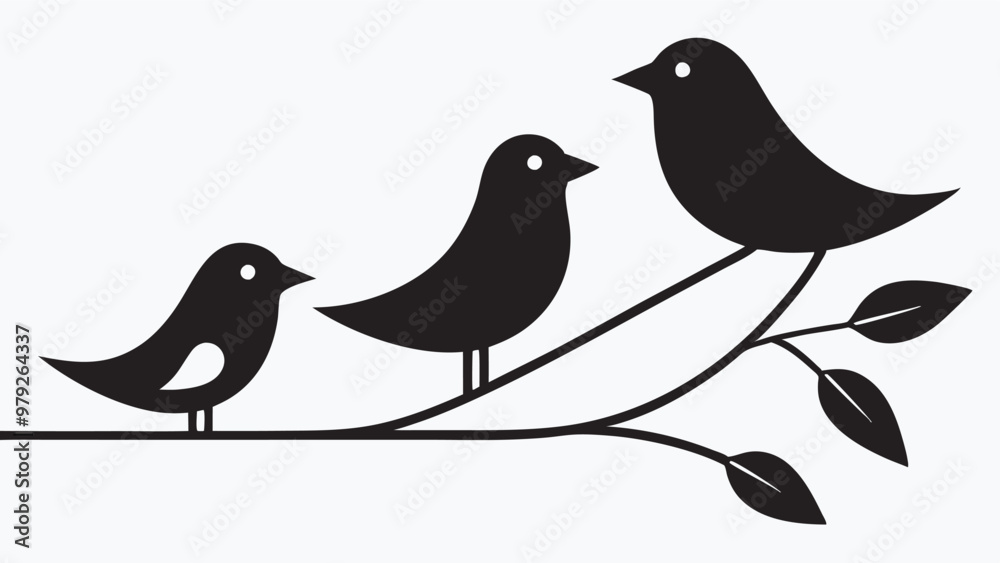 Black birds on tree branch, silhouettes facing left except for smallest ...