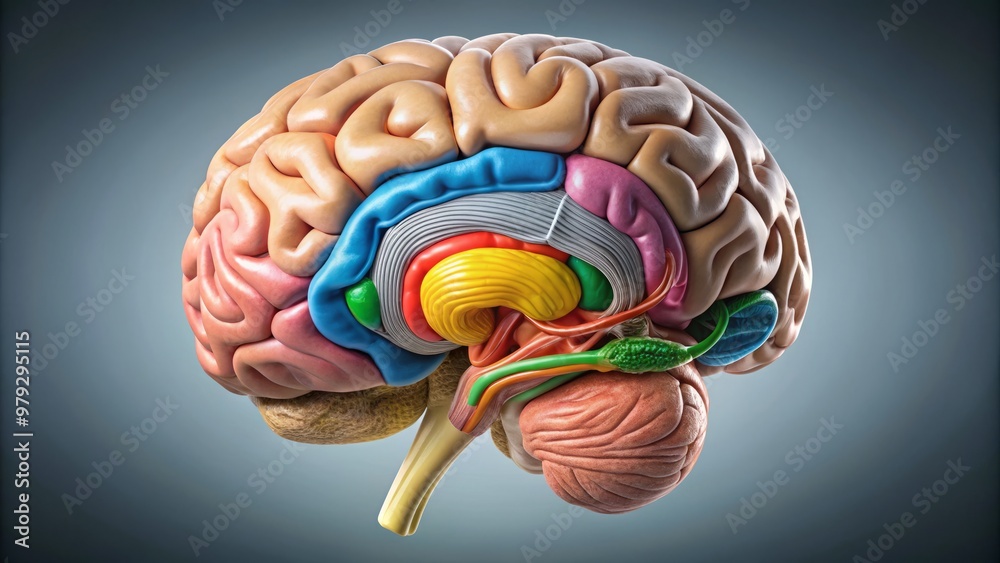A perspective illustration of a 3D human brain slice with labeled ...