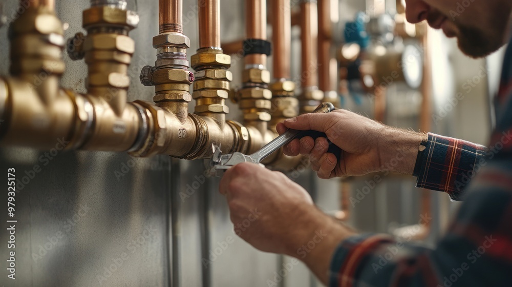 A technician repairing a plumbing valve in a commercial building Stock ...