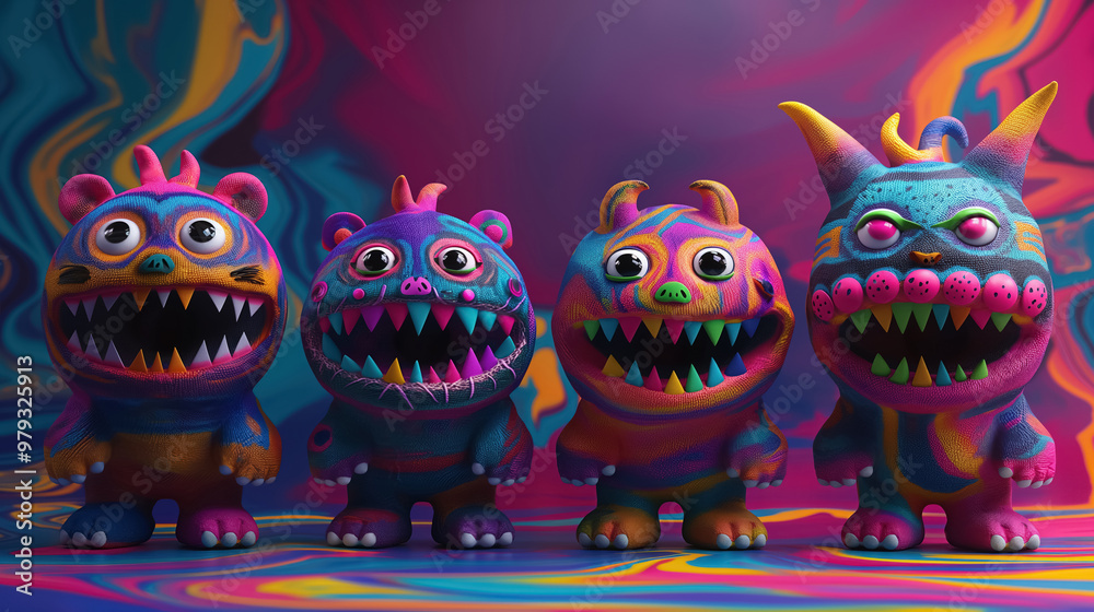 Four brightly colored, cartoonish monsters with sharp teeth standing ...