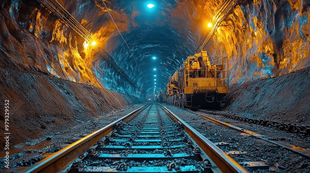 photo of an old coal mine with yellow and black machinery, cranes ...