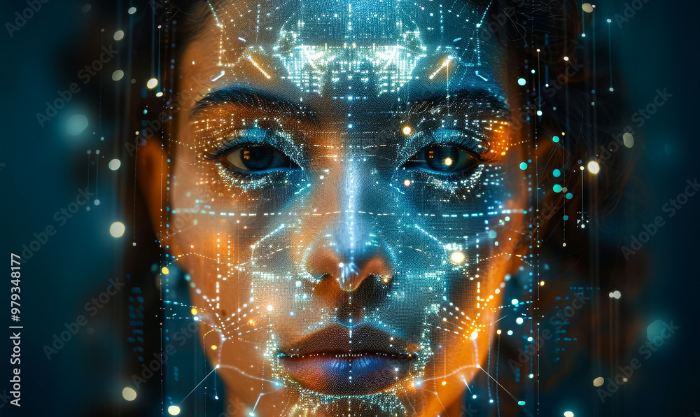 Fusion of Human Emotions and Artificial Intelligence: Futuristic Woman with Digital Interface ...