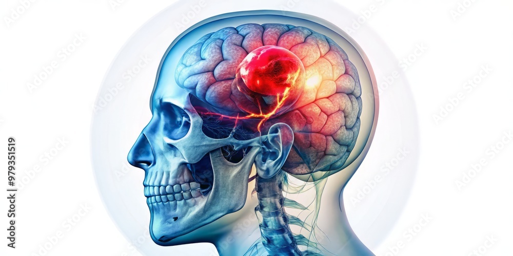 scan indication illustration of a severe head injury, with fractures ...