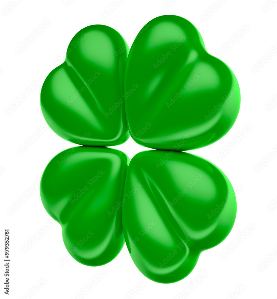 Four-leaf green clover symbol for good luck in 3D render isolated transparent background. 3d ...